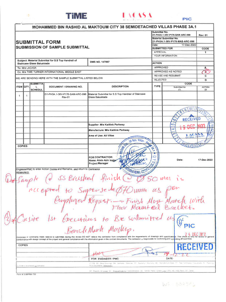 PIC-SAM-ARC-098 Rev-01 Material Submittal For SS Top Handrail of Staircase Glass Balustrade | PDF