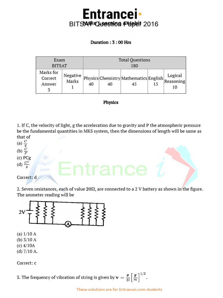 BITSAT 2016 Set 1 Question Paper | PDF | Particulates | Gases