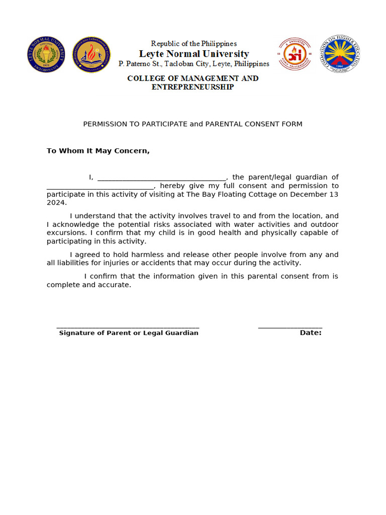 PERMISSION TO PARTICIPATE and PARENTAL CONSENT FORM | PDF