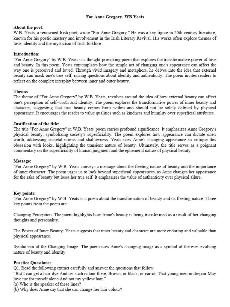 Notes for Anne Gregory Class 10 Notes and PQ | PDF | Poetry | W. B. Yeats