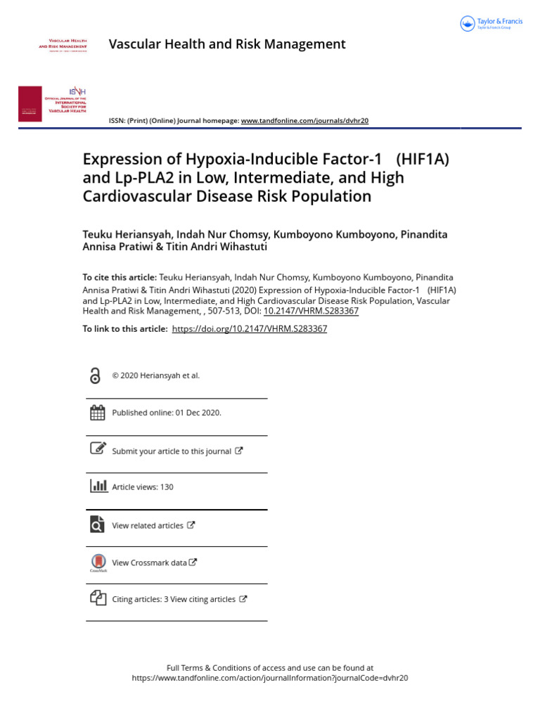 Expression of Hypoxia-Inducible Factor-1 HIF1A and Lp-PLA2 in Low Intermediate and High ...