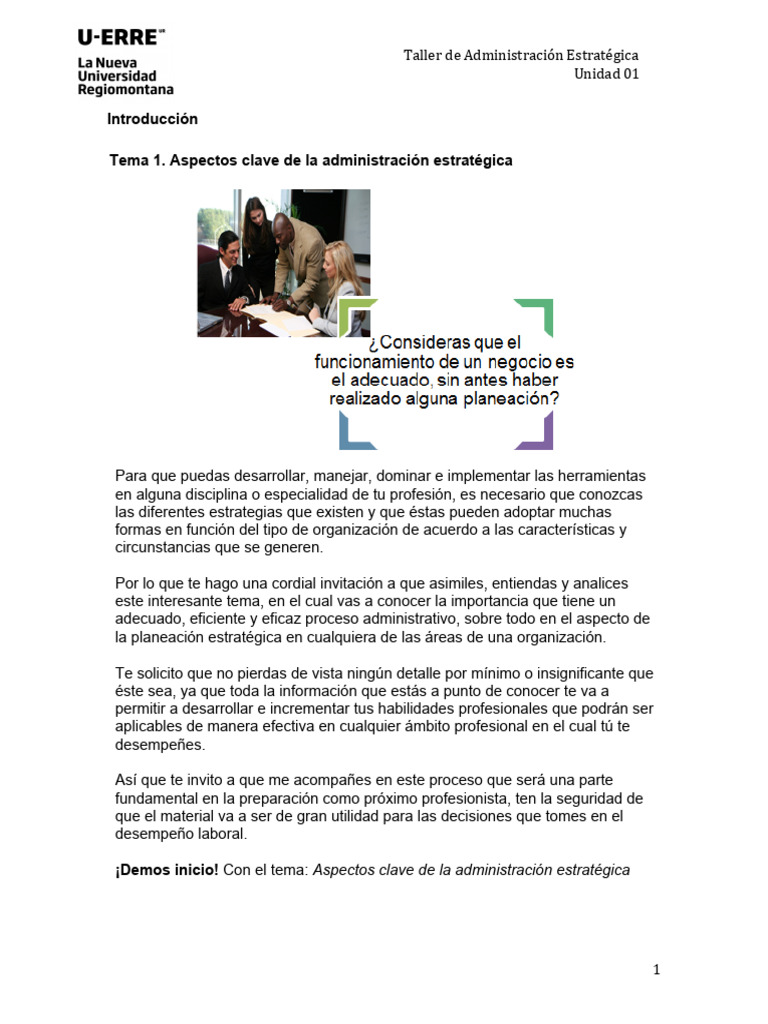 U1 - Aspectos Claves y El Proceso de La Administración Estratégica | PDF | Planificación | Business