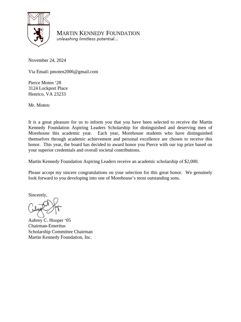 Martin Kennedy Foundation Scholarship Award Letter Pierce Moten | PDF