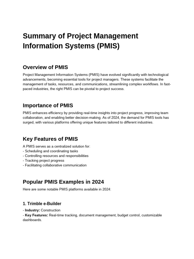 Summary of Project Management Information Systems (PMIS) | PDF | Project Management ...