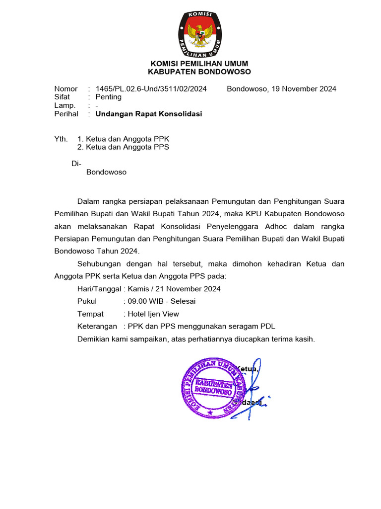 Undangan Rapat Konsolidasi KPU | PDF