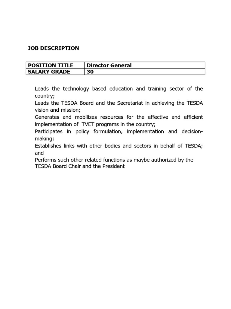 JOB DESCRIPTION - TESDA Positions | PDF | Internal Audit | Quality ...