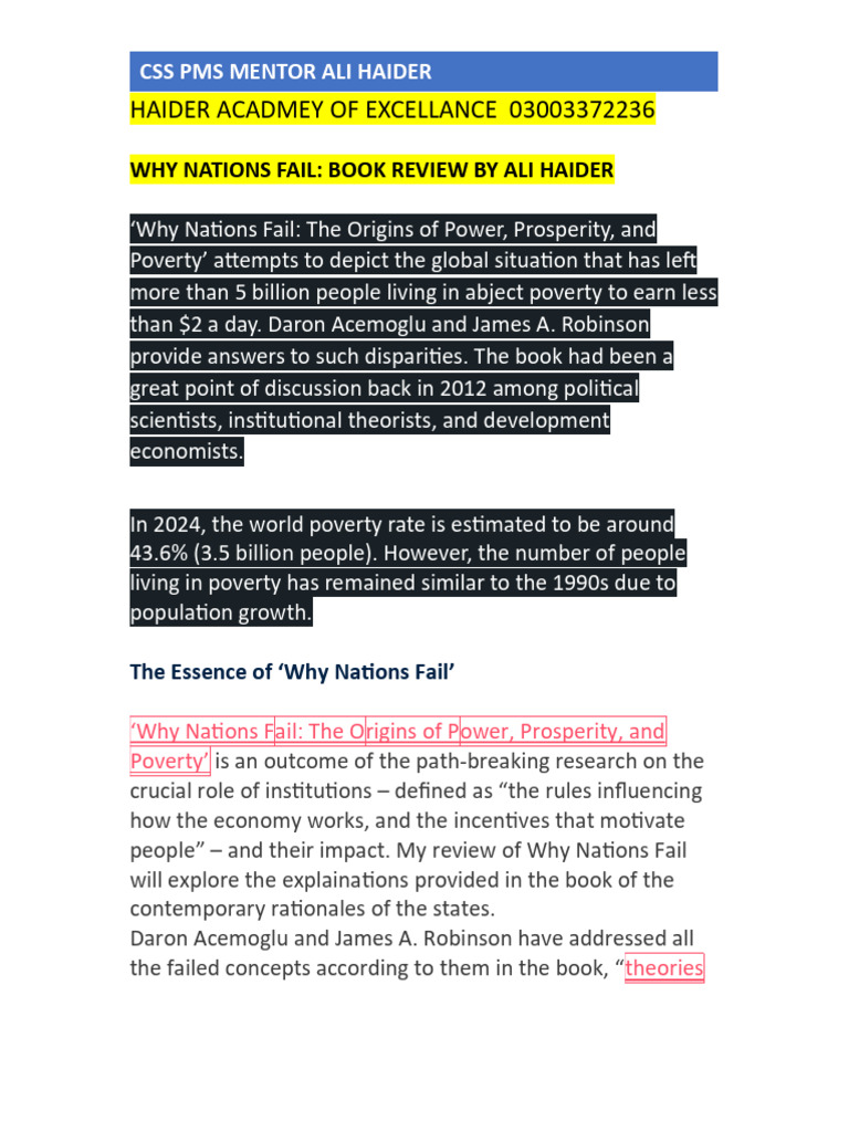 why nations fail book review by Ali Haider (1) | PDF | Poverty ...