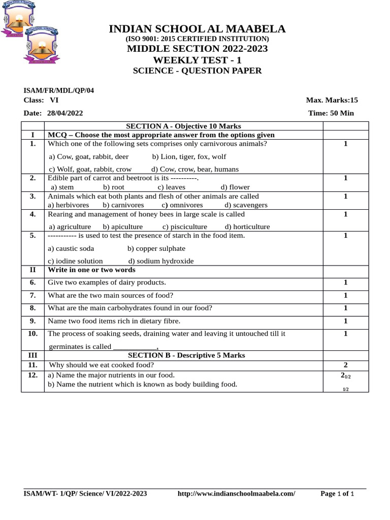 Class VI Science Weekly Test Paper | PDF | Foods