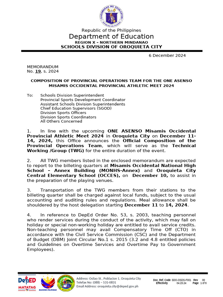 Oroquieta City Athletic Meet 2024 Memo | PDF | Sports