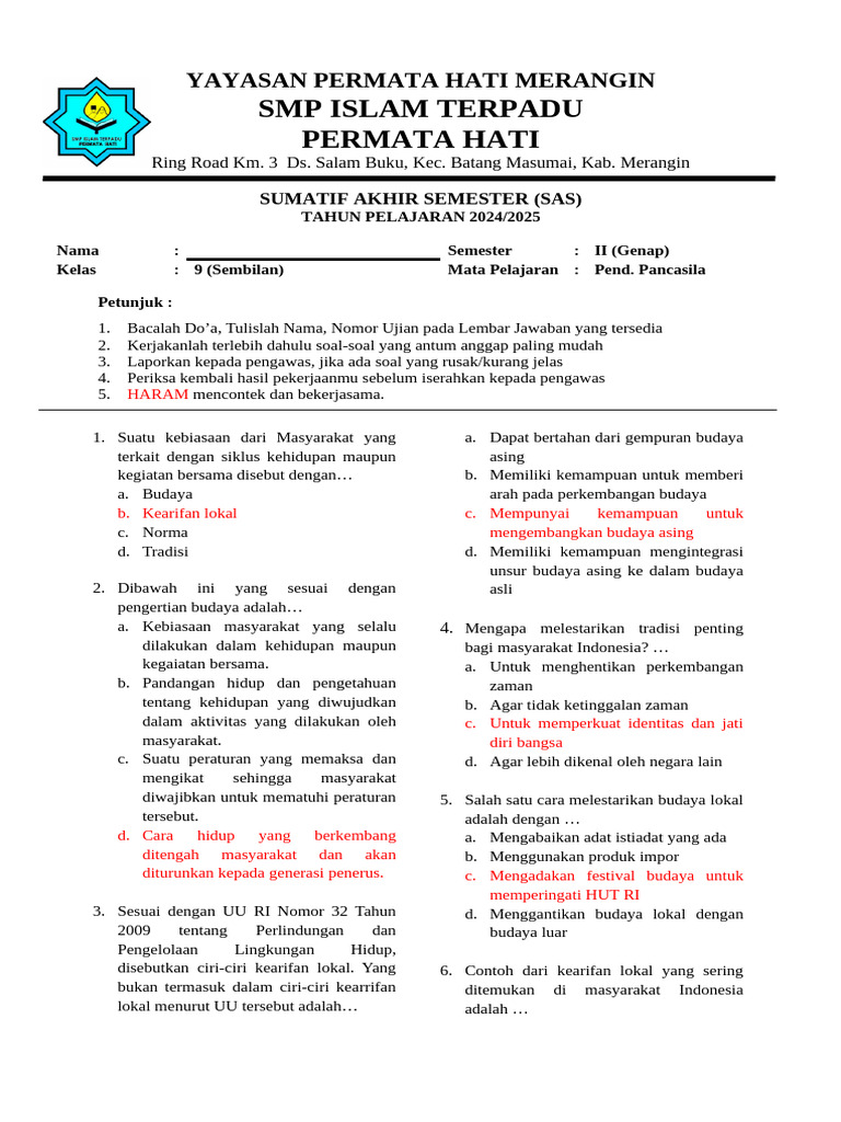 SOAL PAS Genap P. Pancasila Kelas 9 2024-2025 | PDF