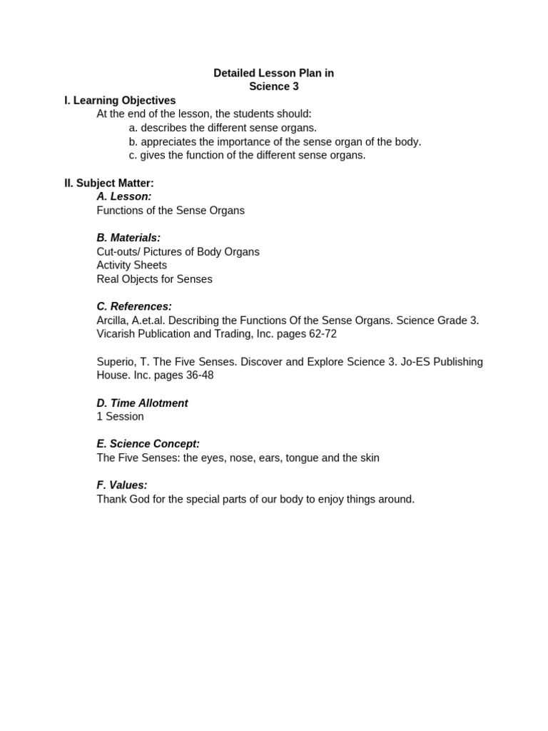 Science 3 Sense Organs Lesson Plan | PDF | Odor | Taste