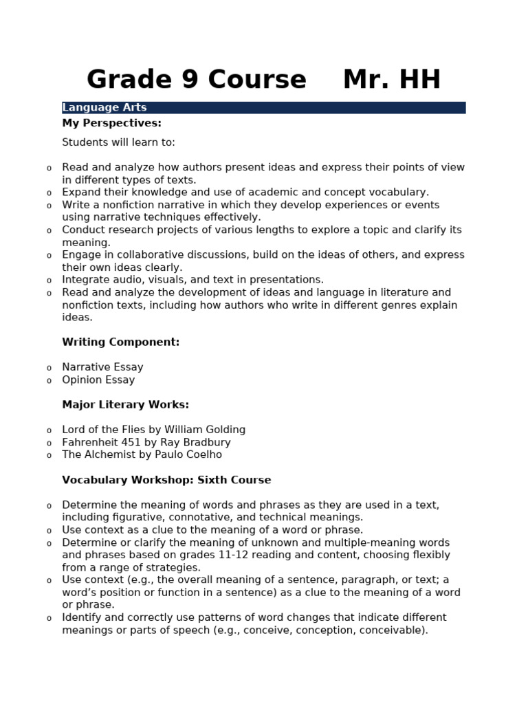 Grade 9 English Curriculum Overview | PDF | Semantics | Phrase