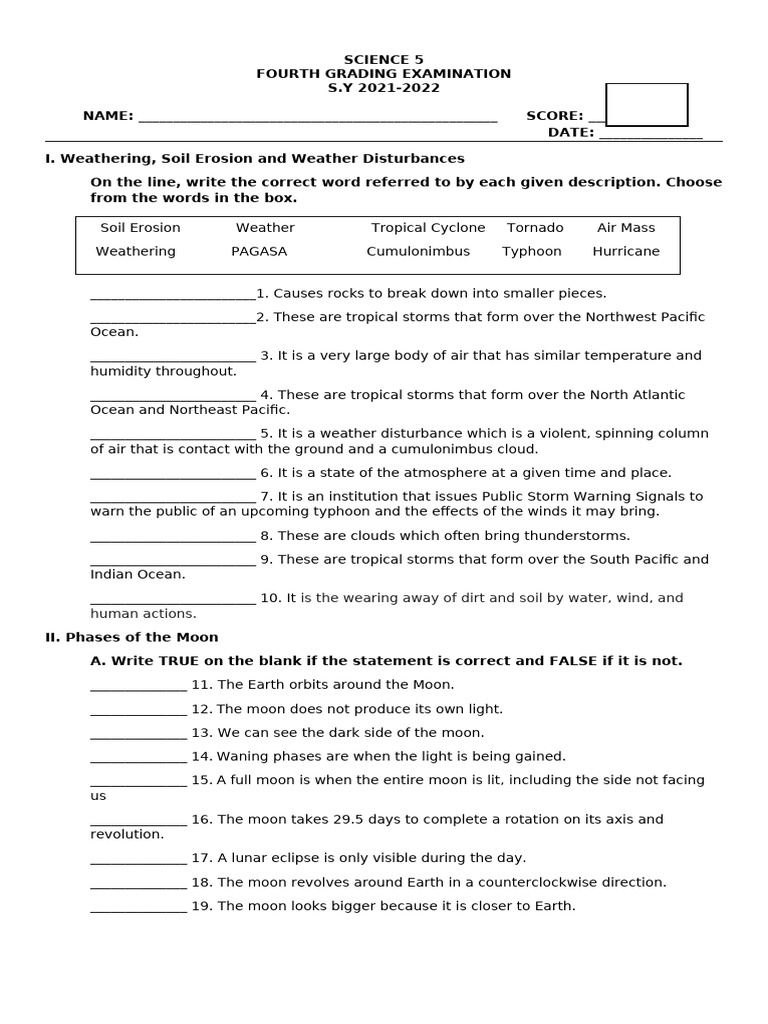 2. SCIENCE- 5 4th Quarter Exam | PDF | Tropical Cyclones | Moon