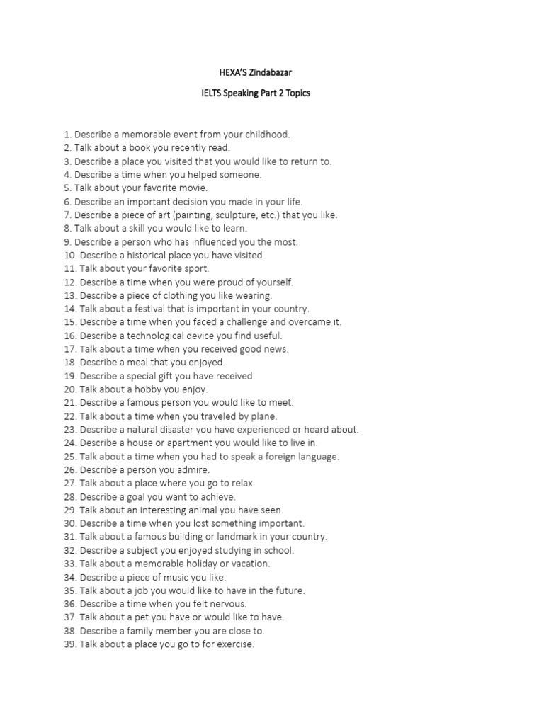 100 IELTS Speaking Part 2 Topics | PDF