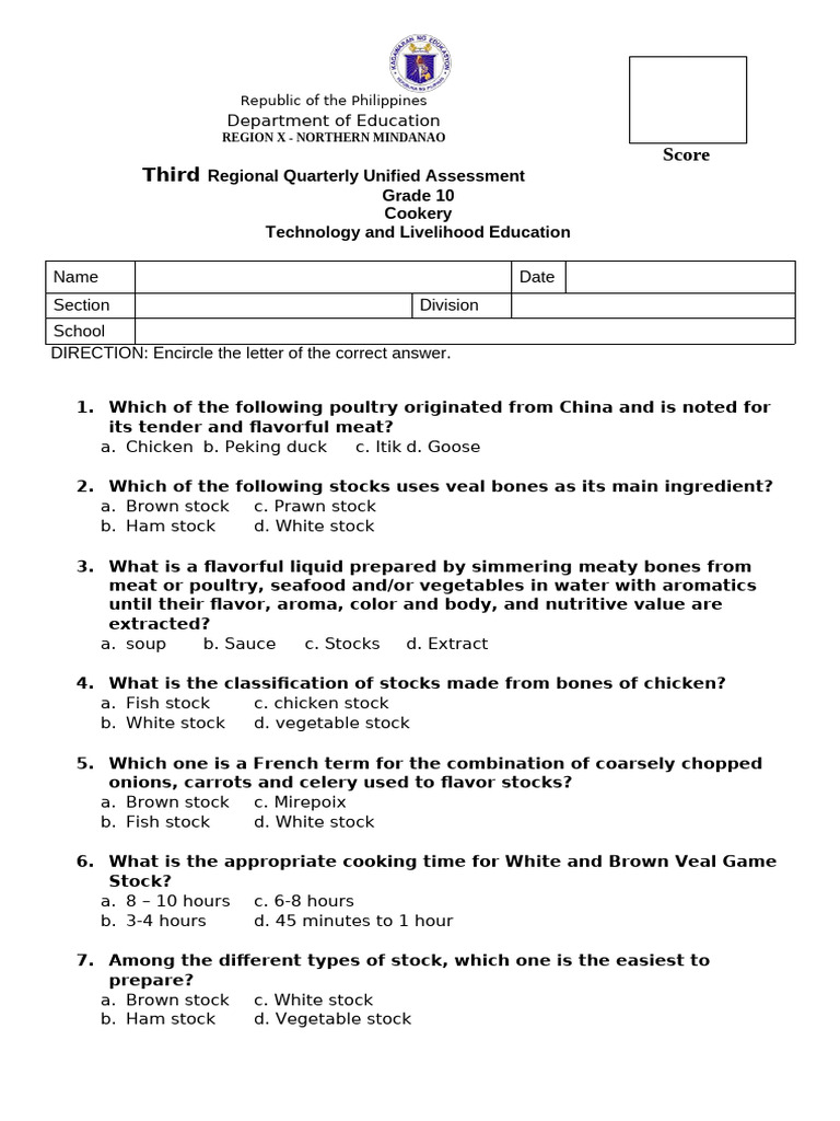 Grade 10 Cookery Assessment Guide | PDF | Stock (Food) | Soup