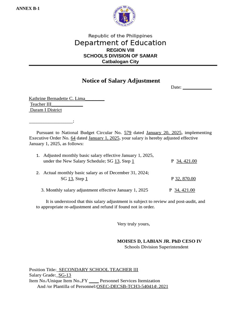 Salary Adjustment Notice for Teacher III | PDF
