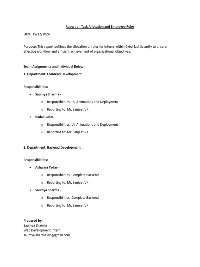 Report On Task Allocation and Employee Roles | PDF