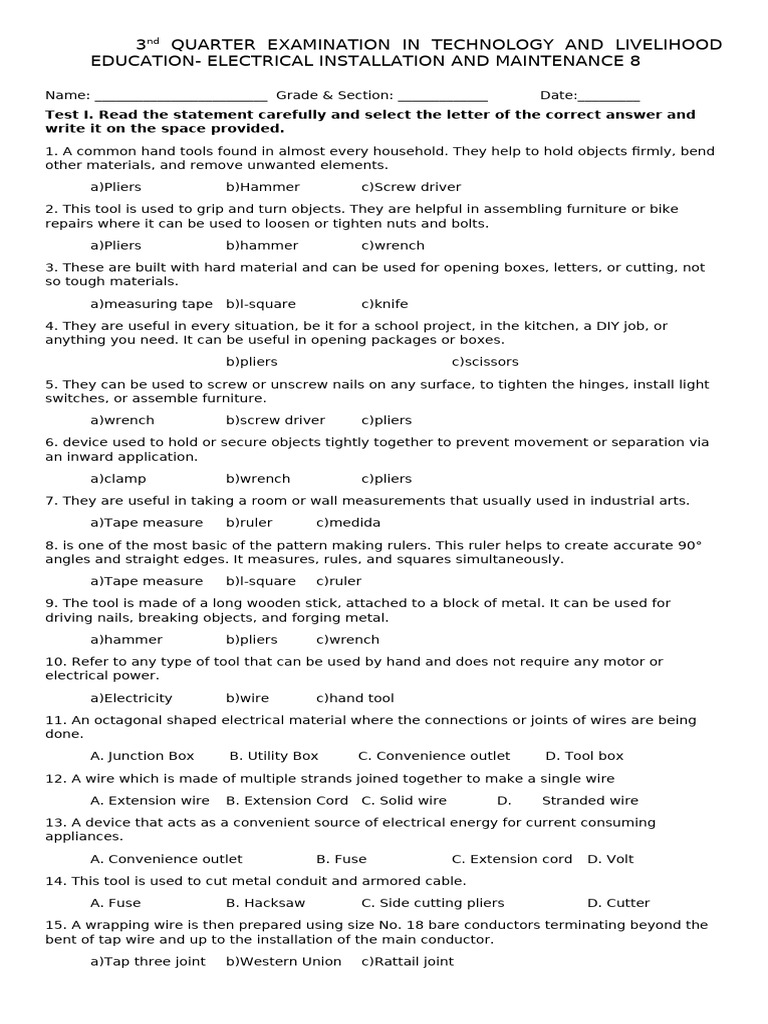 TLE-EXAM-Q3Final (5) | PDF | Wire | Electrical Wiring