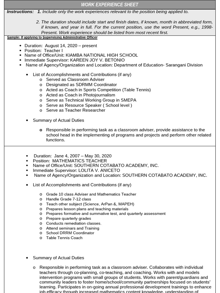 CS Form No. 212 Attachment - Work Experience Sheet | PDF | Teachers ...