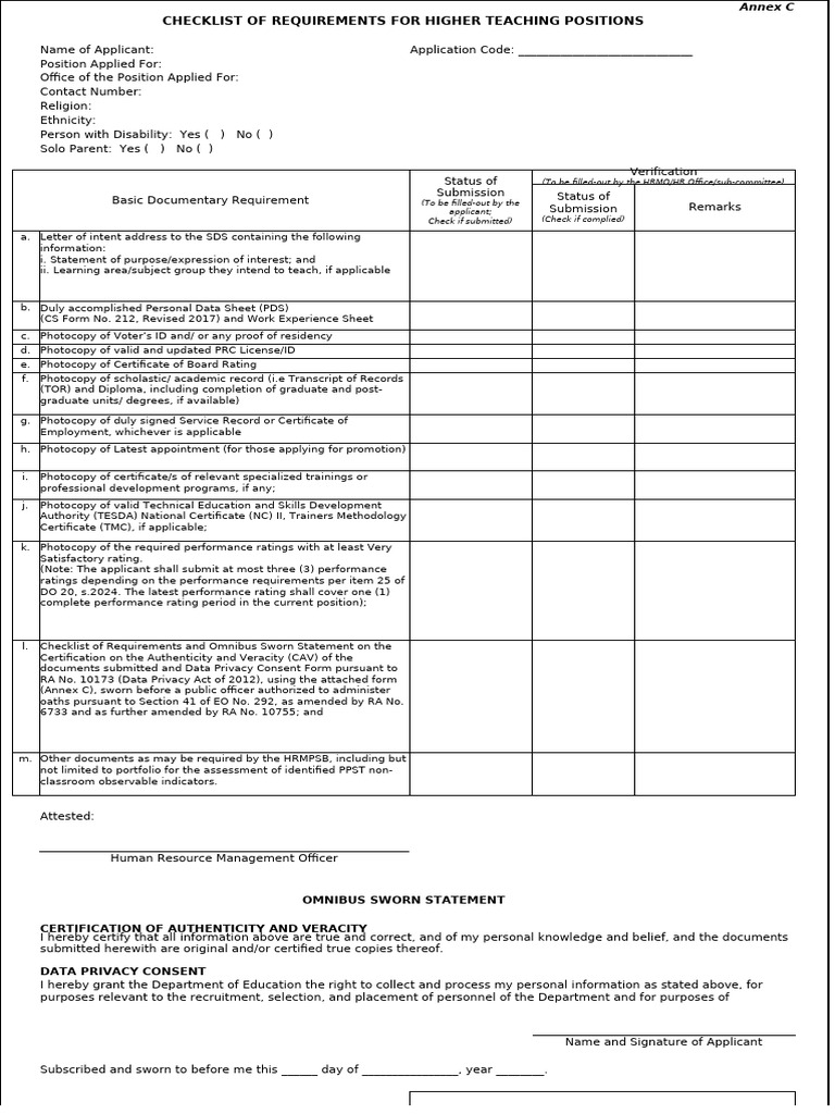 Annex C-Checklist of Requirements and Omnibus Sworn Statement For Higher Teaching Positions | PDF