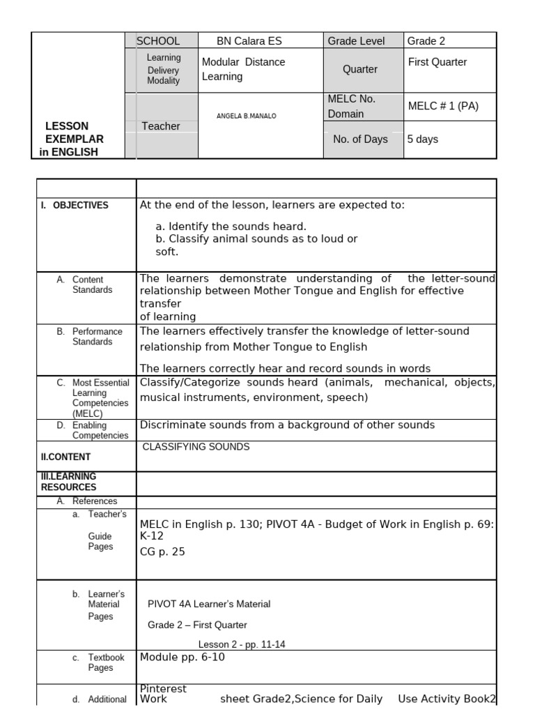 Le Eng2 Melc1 | PDF | Learning | Sound
