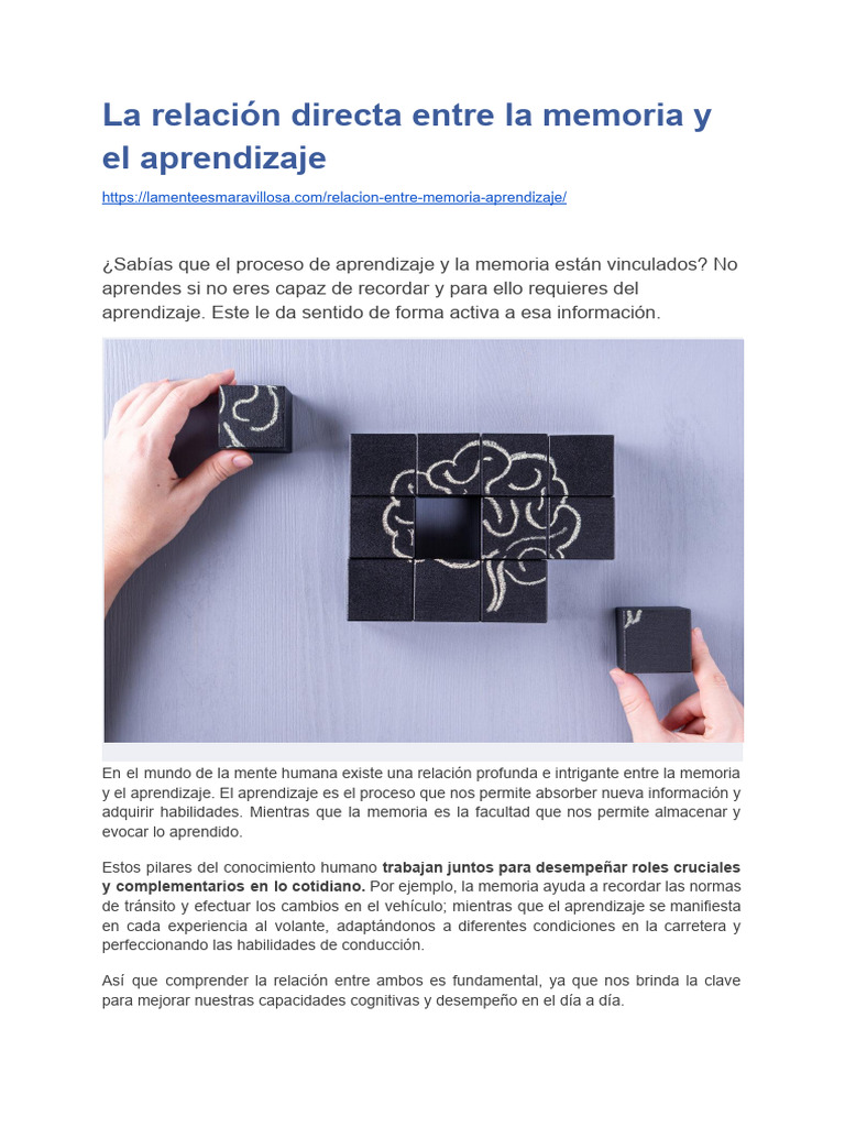 La Relación Directa Entre La Memoria y El Aprendizaje | PDF | Memoria | Aprendizaje