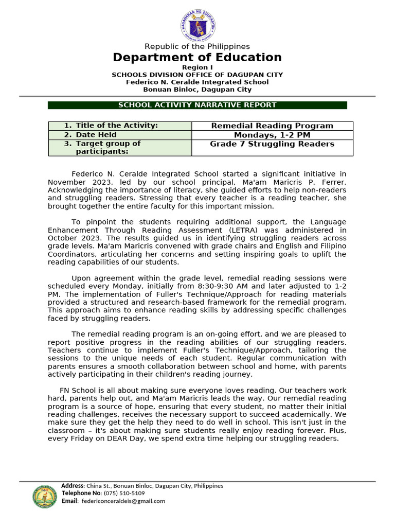 Jak ACREPORT-REMEDIAL-IN-READING-G-7 | PDF | Human Communication | Learning