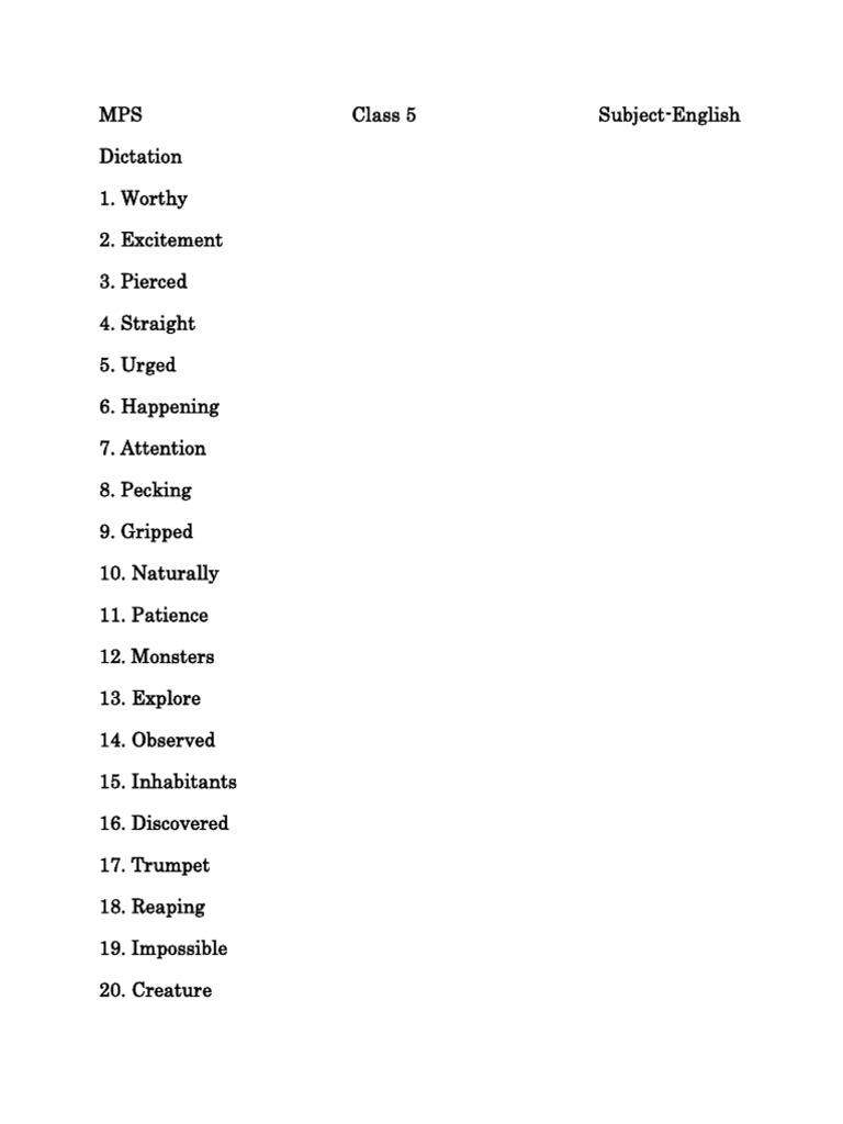 Class 5 English Dictation Words List | PDF