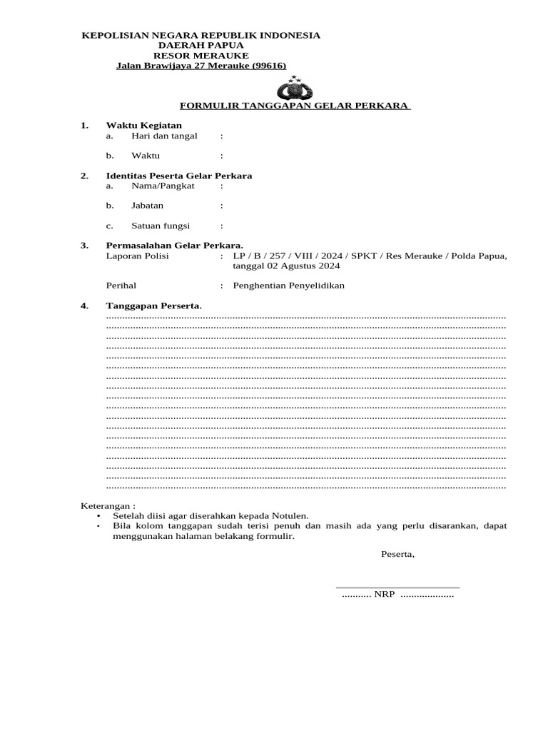 FORMULIR TANGGAPAN GELAR HENTI LIDIK | PDF