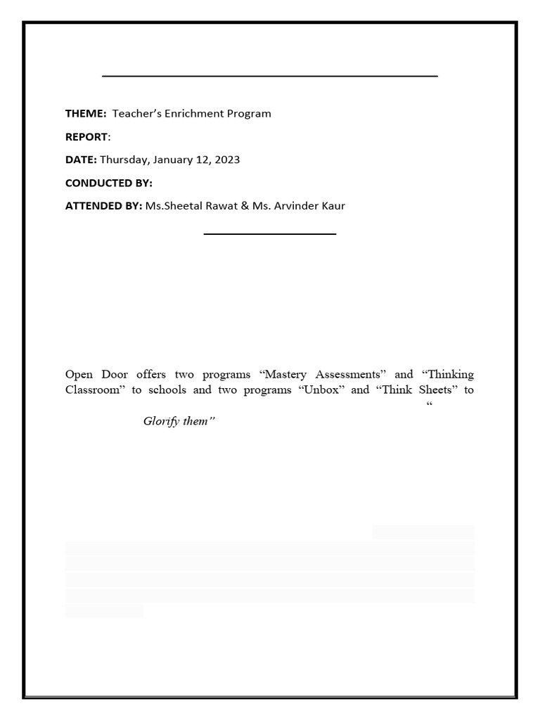 Open Door Thinking Classroom Workshop Report | PDF