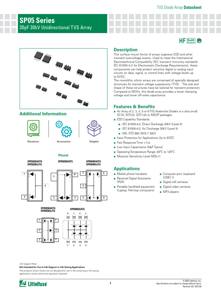 SP05 Series TVS Diode Array Specs | PDF | Diode | Electrostatic Discharge