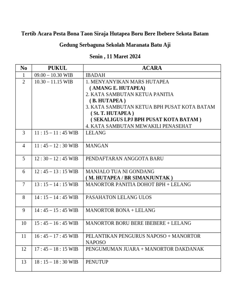 Tertib Acara Pesta Bona Taon Siraja Hutapea Boru Bere Ibebere Sekota ...
