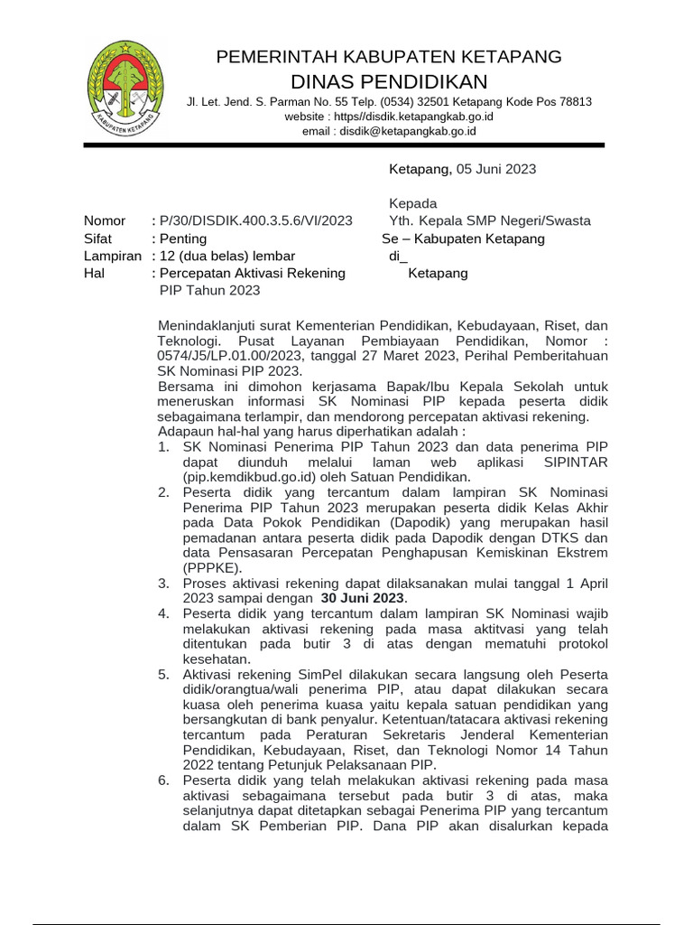 Aktivasi Rekening PIP 2023 Ketapang | PDF