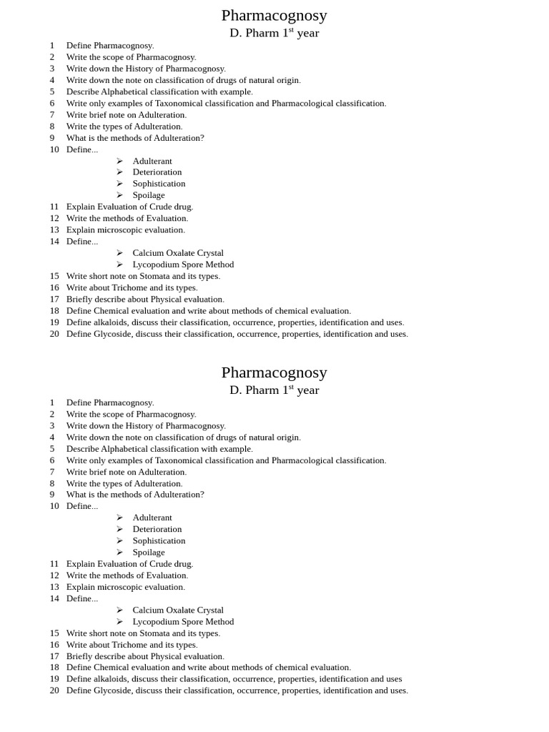 IMP QUESTIONS PHARMACOGNOSY (Chapter 1-3) | PDF | Pharmacognosy | Pharmaceutical Sciences