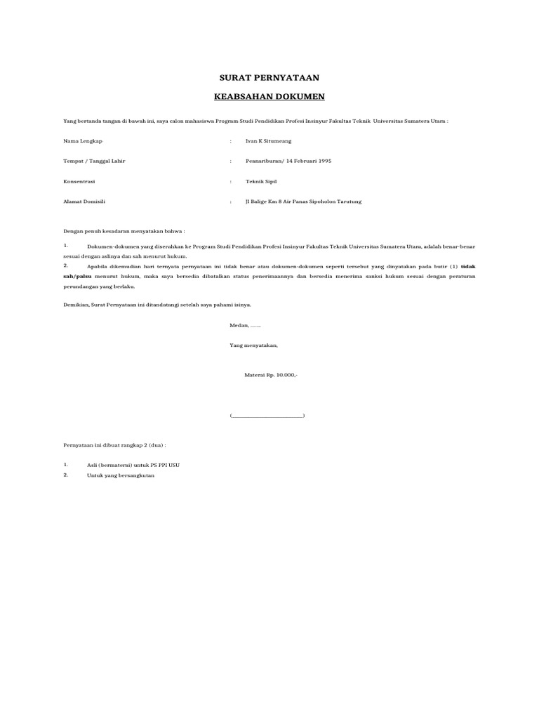 Format Surat Pernyataan Keabsahan Dokumen | PDF