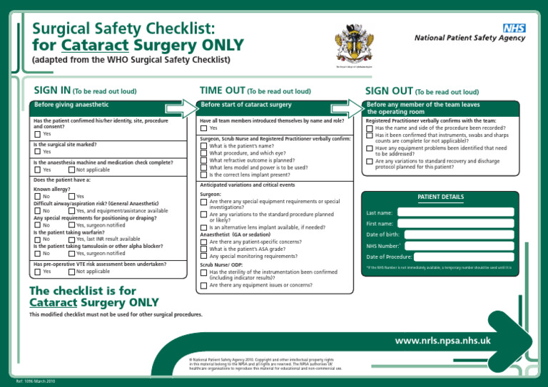 2010 PROF 062 Cataract Surgery Checklist | PDF | Surgery | Anesthesia