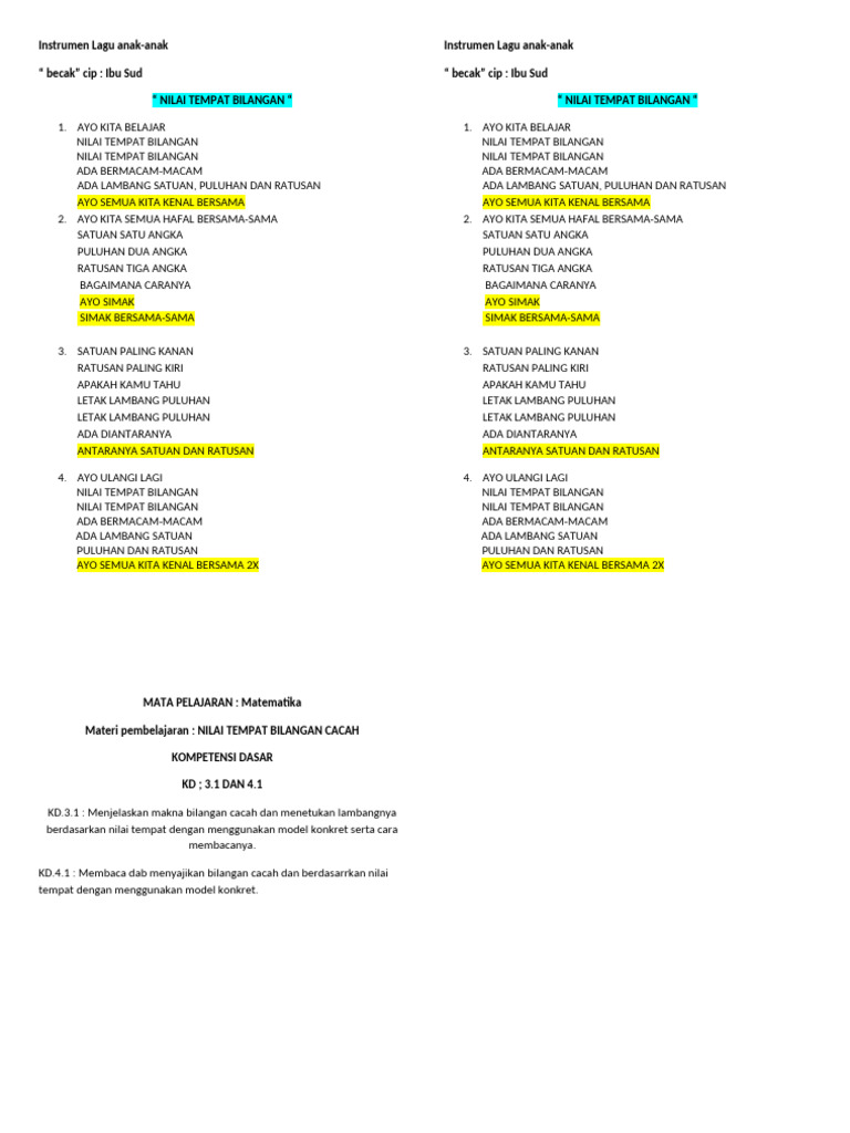Instrumen Lagu Anak NILAI TEMPAT | PDF