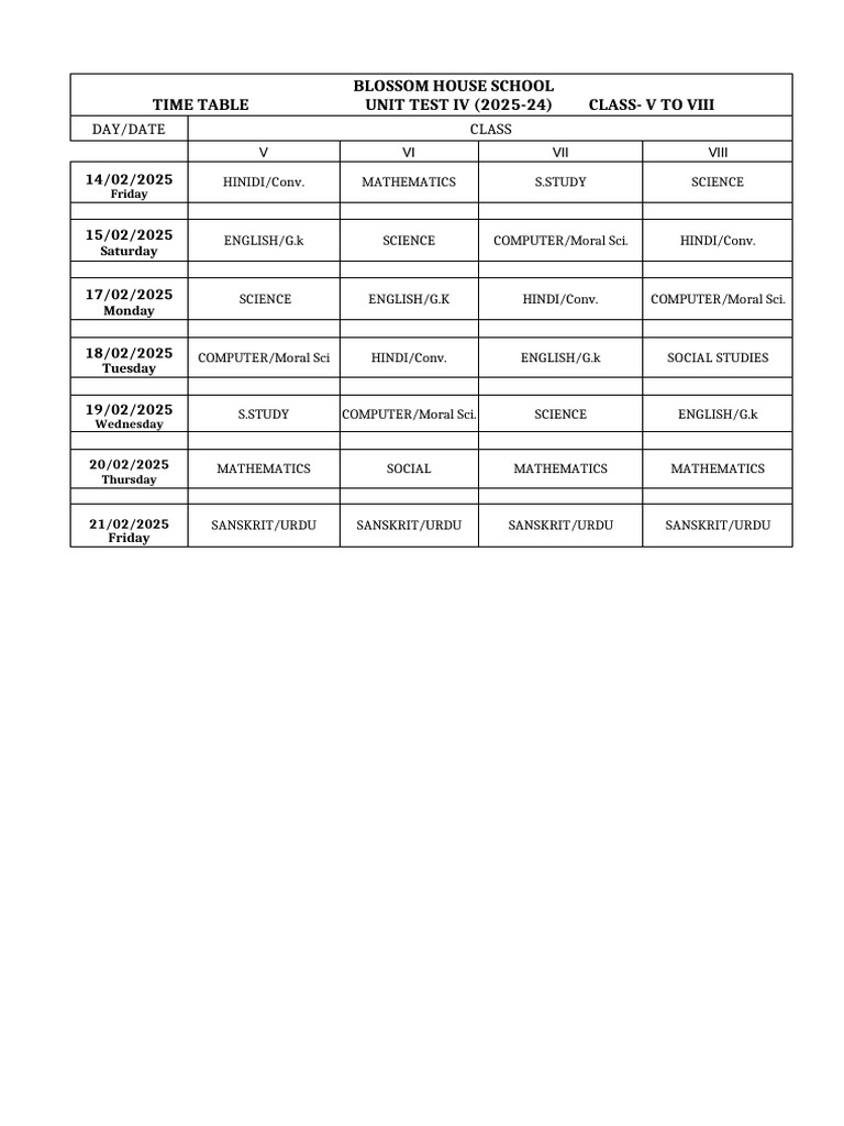 Blossom House School Unit Test Timetable | PDF