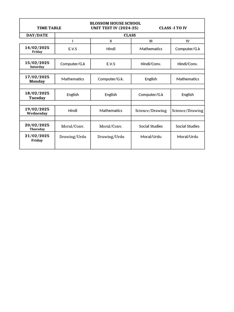 Class I-IV Unit Test IV Schedule | PDF