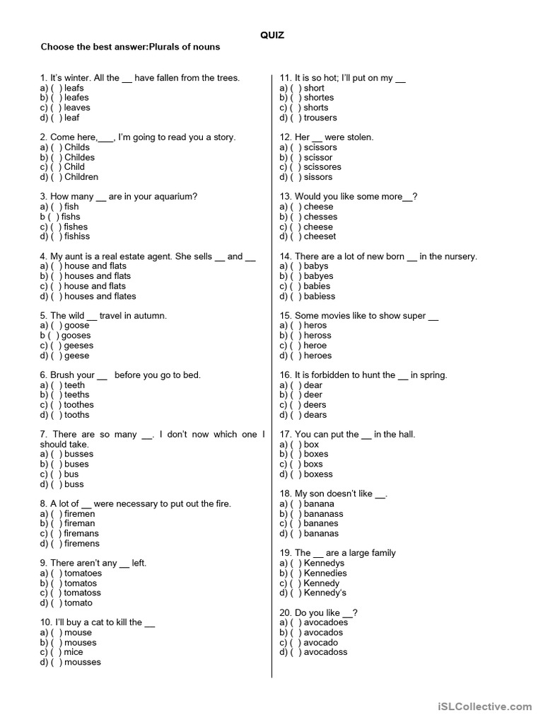 Plurals Quiz with Answers | PDF | Scissors