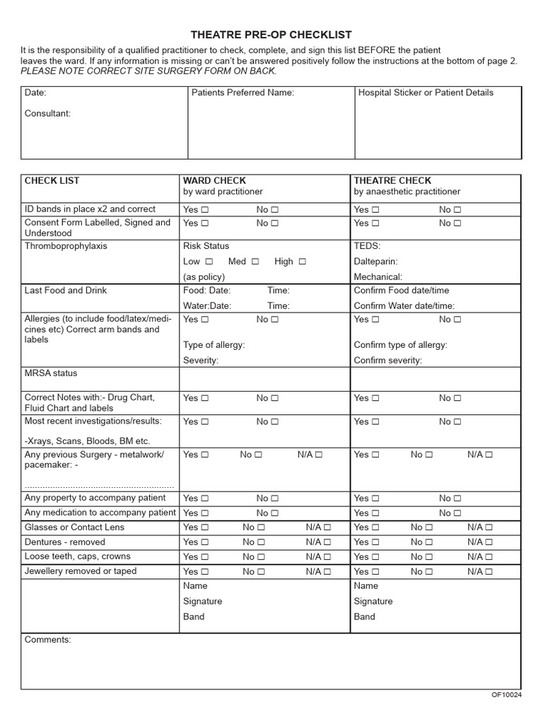 Theatre Pre Op Checklist | PDF | Surgery | Health Care