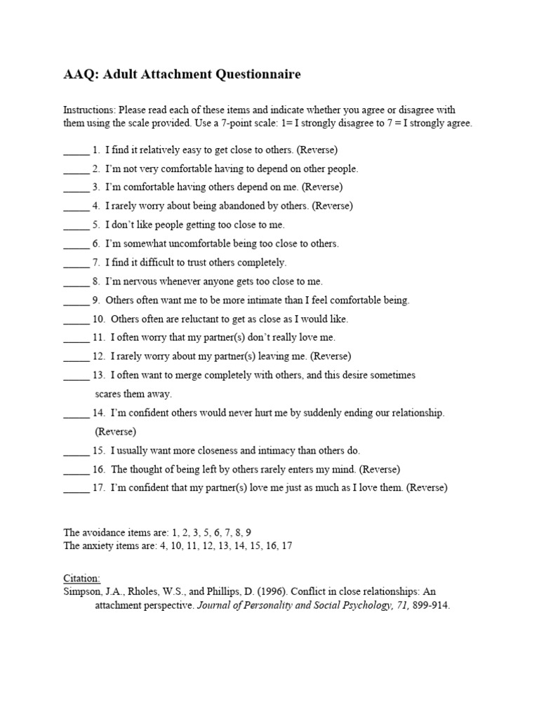 Aaq Adult Attachment Questionnaire | PDF