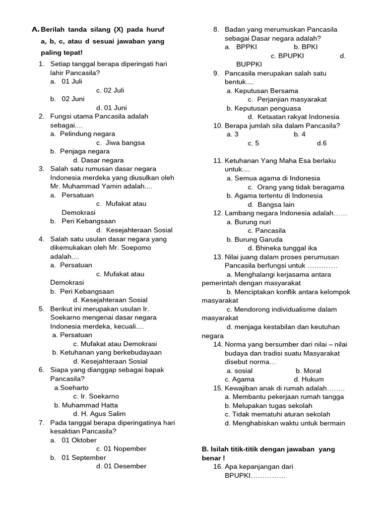Latihan SOAL STS PEND. PANCASILA KELAS 4 | PDF