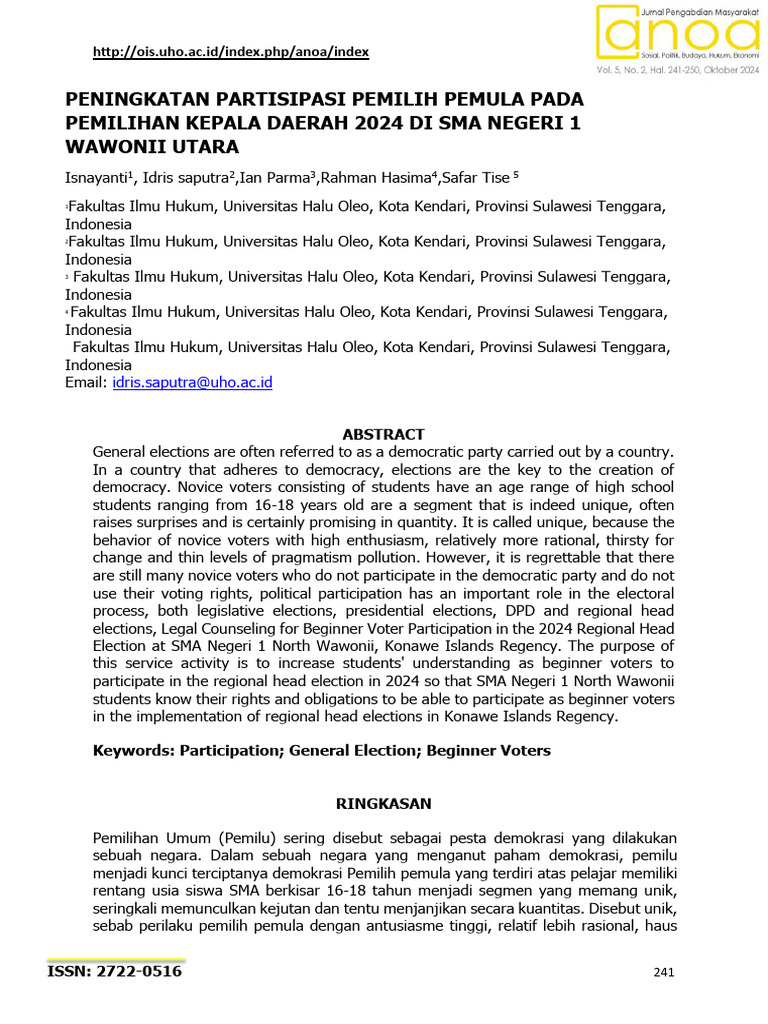 Jurnal PKM - Peningkatan Partisipasi Pemilih Pemula Pada Pemilihan Kepala Daerah 2024 Di Sma ...