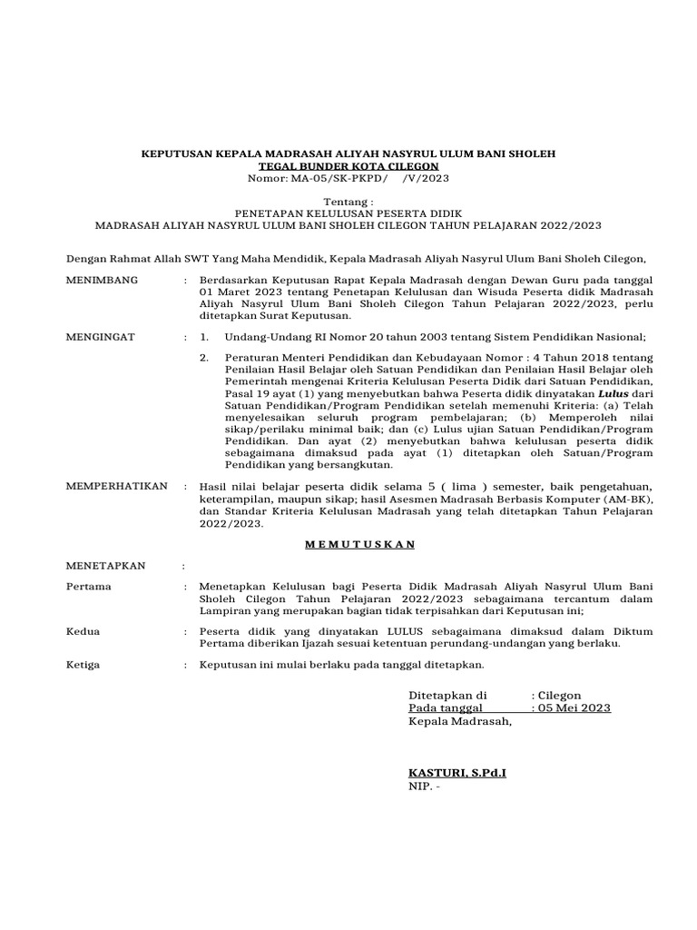 SK Kelulusan MA-NU Tp. 2022-2023 ok | PDF