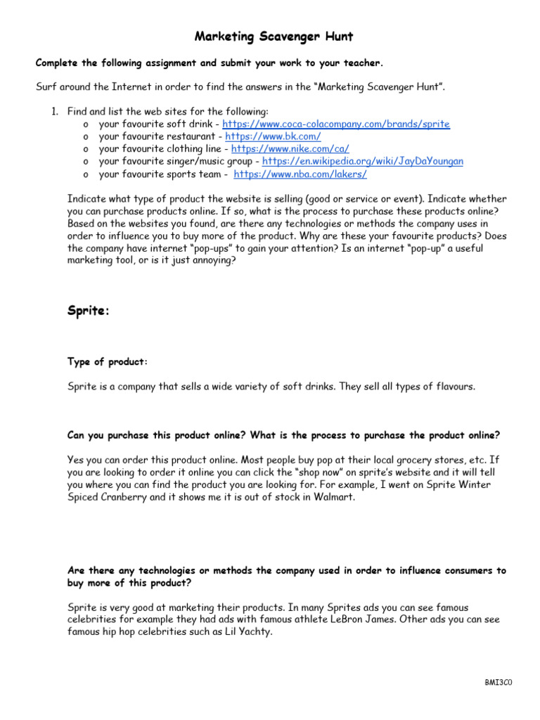 Copy of Marketing Scavenger Hunt | PDF | Nike | Hamburgers