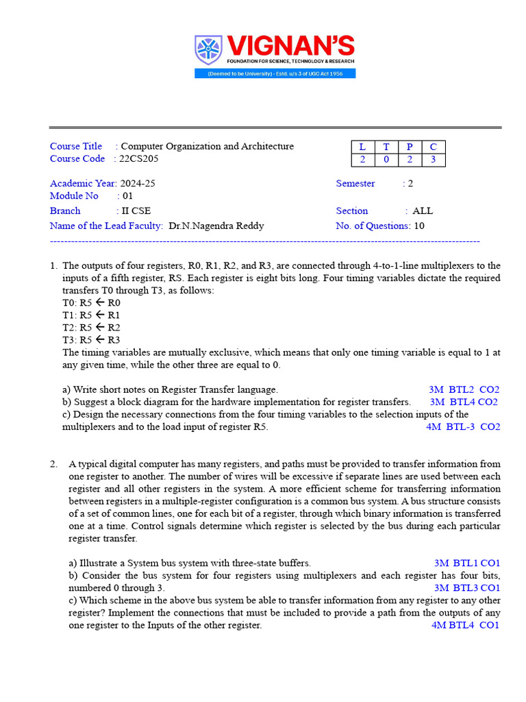 22CS205 COA M1T1-QP-part A | PDF | Central Processing Unit | Computer Science