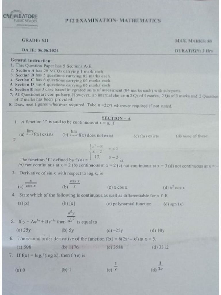 Maths PT - 2 Question Paper | PDF