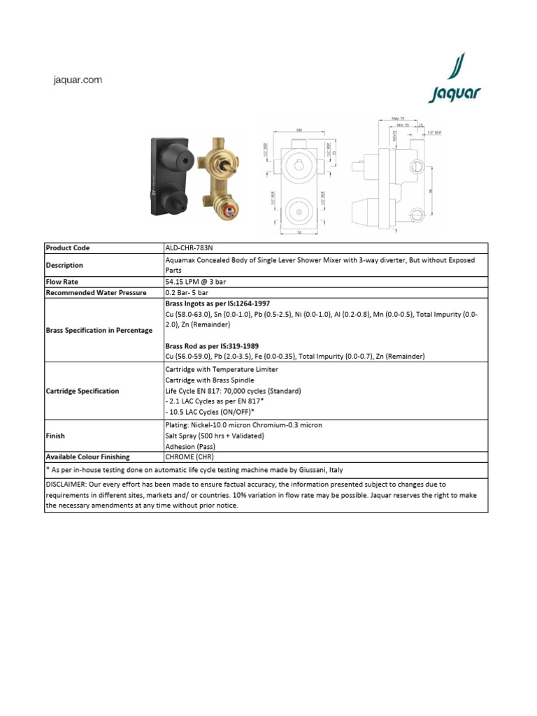Jaquar ALD-CHR-783N Shower Mixer Specs | PDF