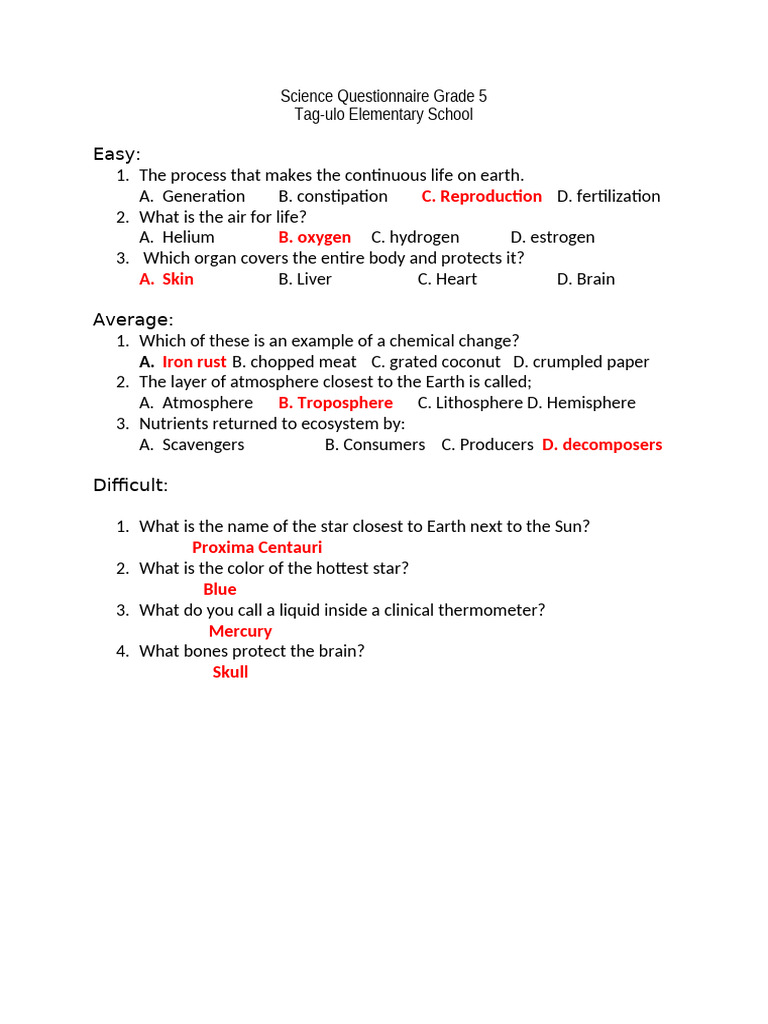 Science Questionnaire Grade 5 | PDF | Stars | Heart